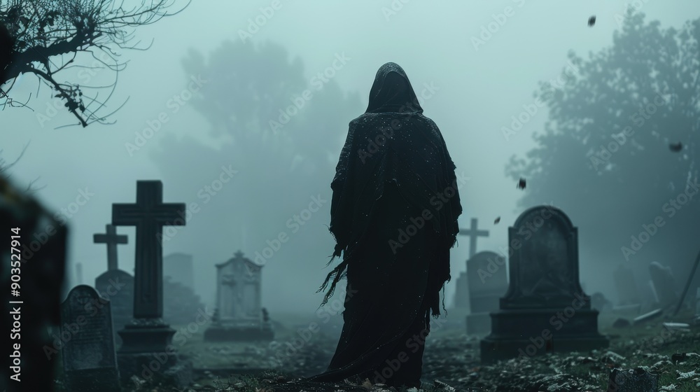 A grim reaper figure cloaked in darkness stands alone amid misty ...