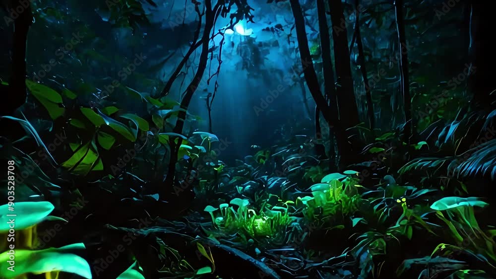 Rainforest Bioluminescence Animation. Glowing Fungi, Fireflies, and ...