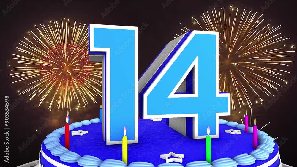 14 years, 14th birthday kids, children cake animation 3d render with ...