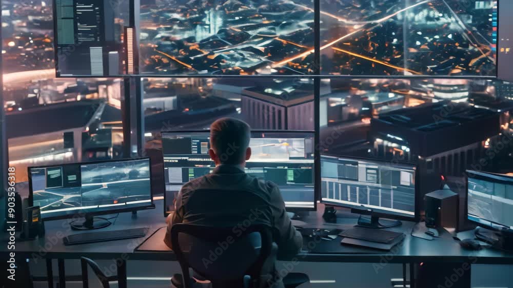 Man Sitting at Desk in Front of Multiple Computer Monitors, The ...