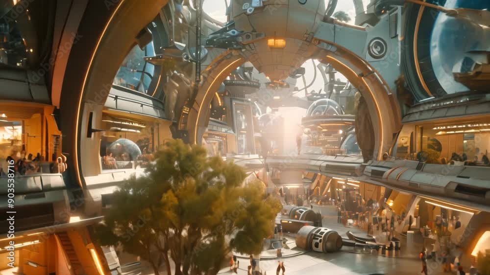 A futuristic city center packed with crowds of people. Skyscrapers and ...