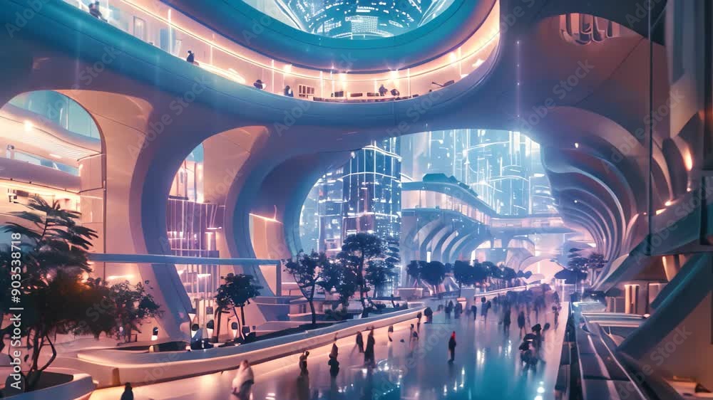 Diverse group of people walking around a modern city building, The ...