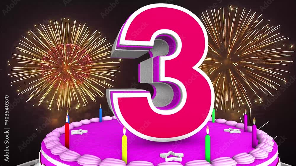3 years, 3rd birthday kids, children cake animation 3d render with ...