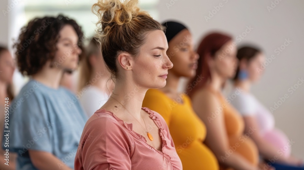Group of women attending a prenatal yoga and birthing class session ...