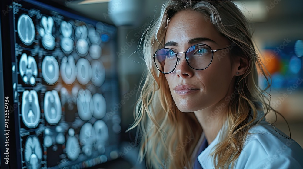 female doctor working on computer in doctor office looking at mri scan ...