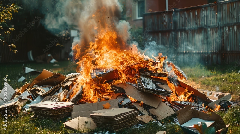 Burning pile of cardboard in yard extinguished with white foam ...