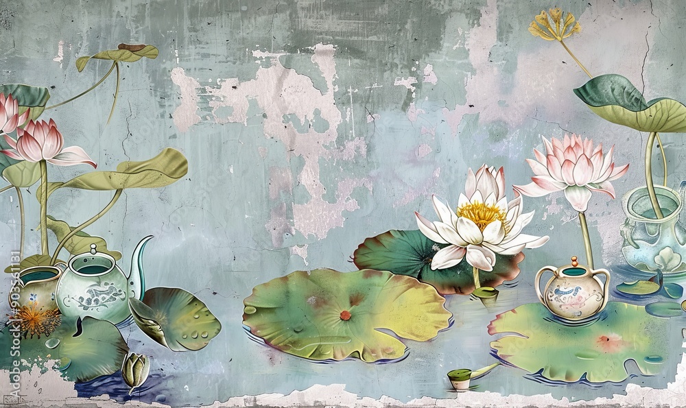 Water lilies, pitchers. Flowers painted on a concrete wall. Loft ...