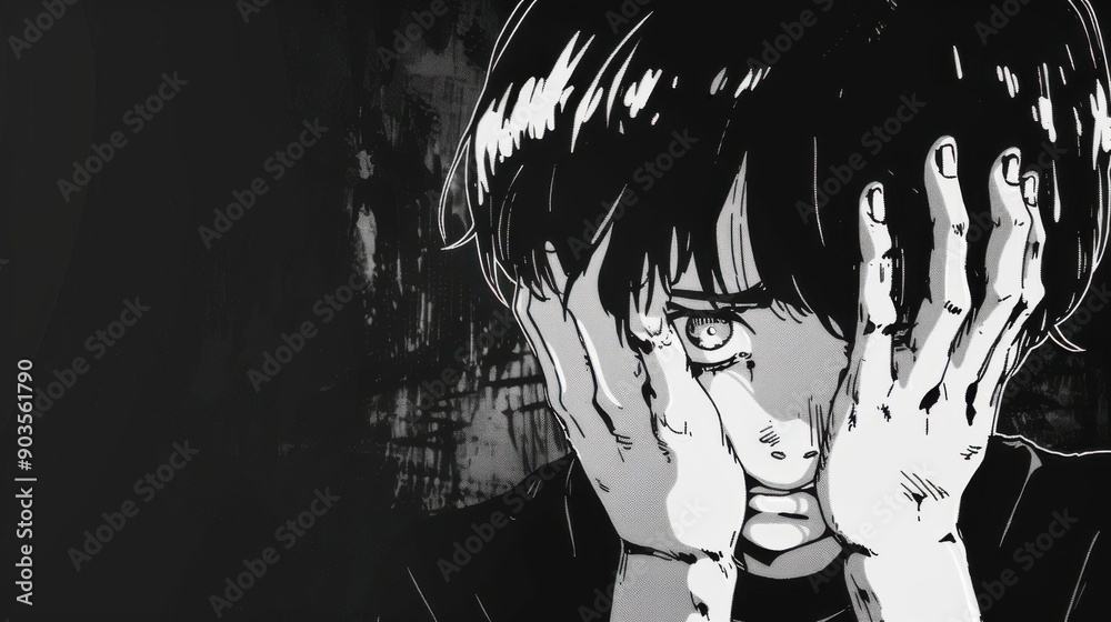 Manga panel of a boy character with an embarrassed look, eyes downcast ...