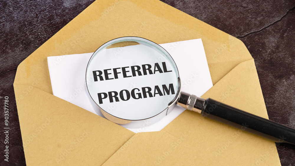 Business concept. Text REFERRAL PROGRAM through a magnifying glass on a ...