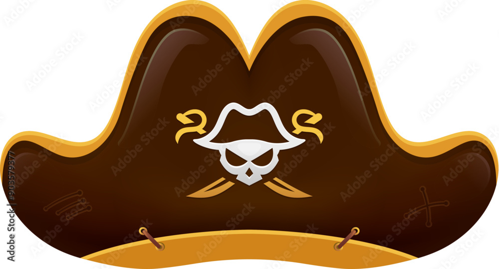 Cartoon pirate hat, corsair captain tricorn. Vector classic cap in chocolate brown with golden ...