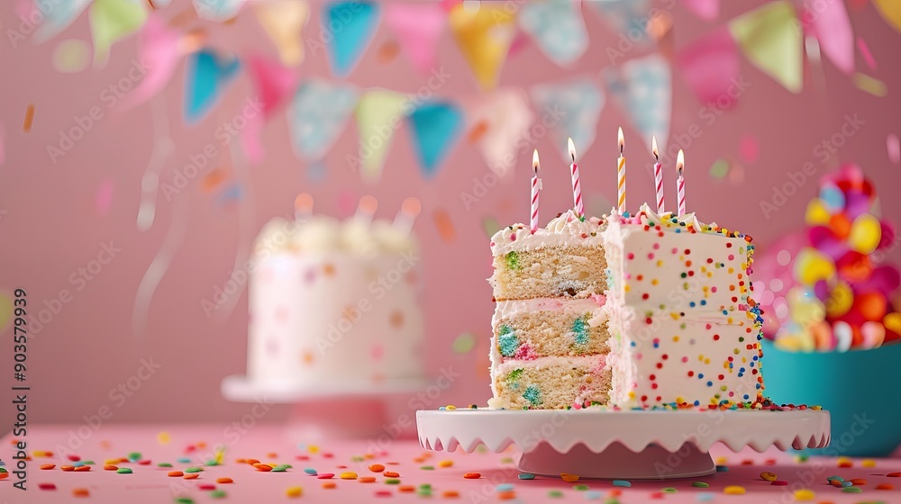 Colorful birthday cake with decorative happy birthday banner for ...