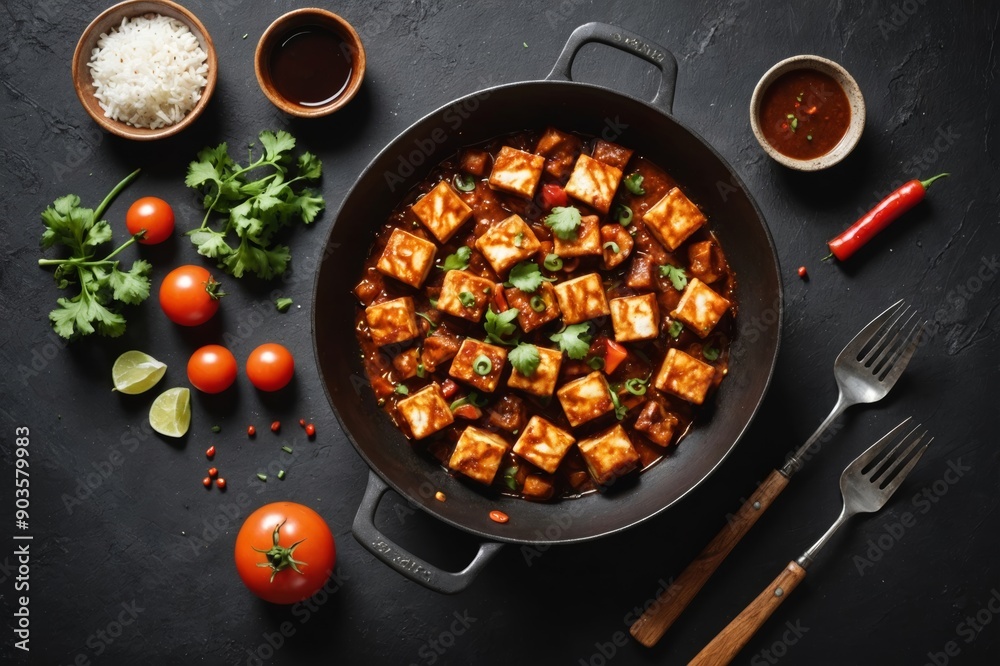 Paneer Manchurian or Paneer 65 in pan at black concrete background ...