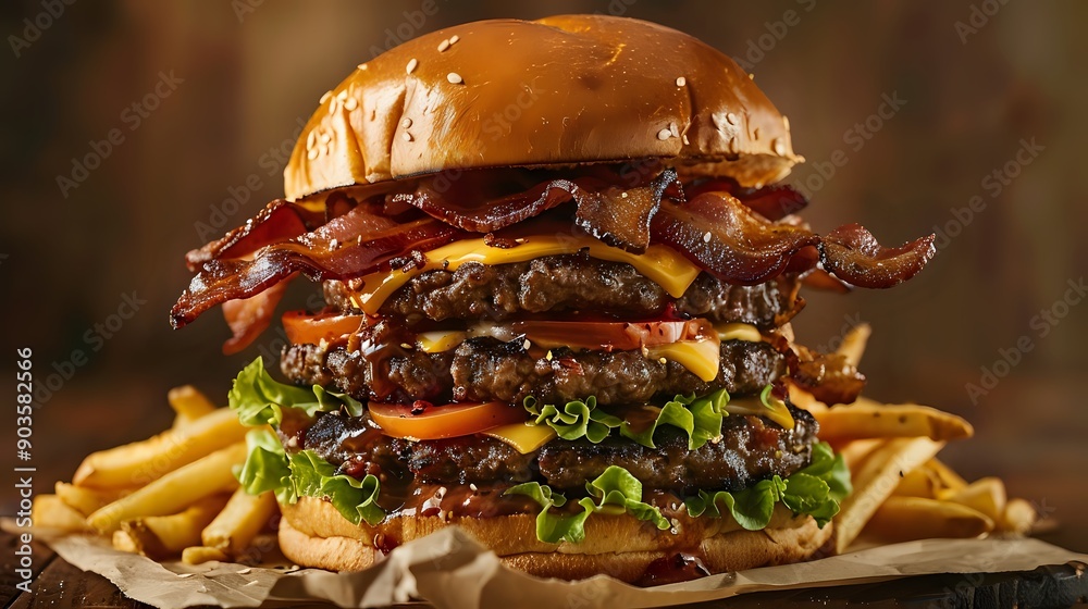 Juicy Triple Bacon Cheeseburger Towers Over Crispy French Fries Stock ...