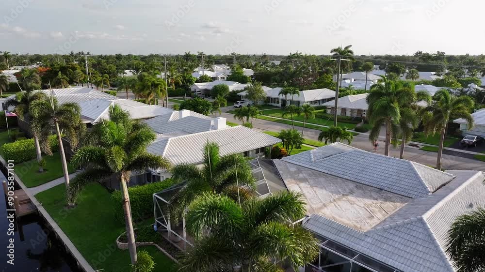 Patriotic american flag in garden of luxury mansion with swimming pool ...