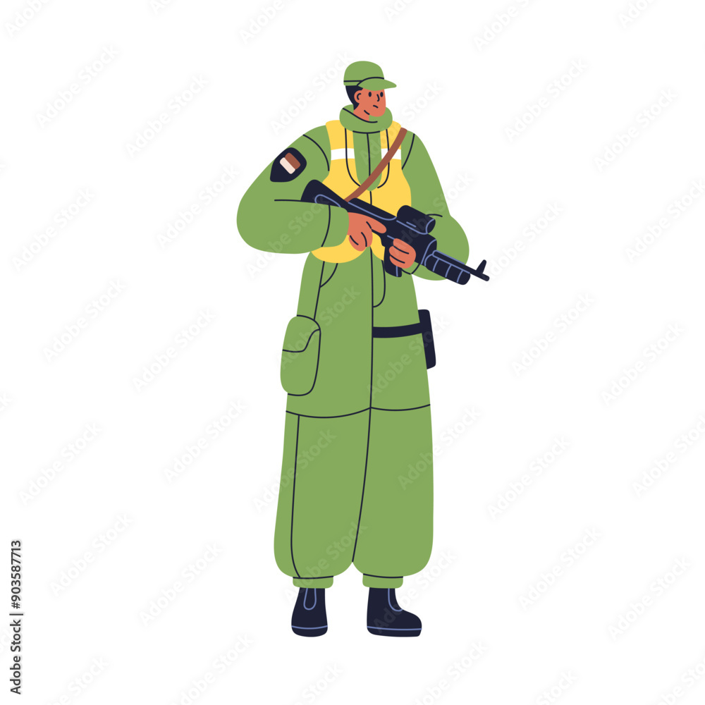 Guard with rifle. Military soldier with weapon at border. Boundary ...