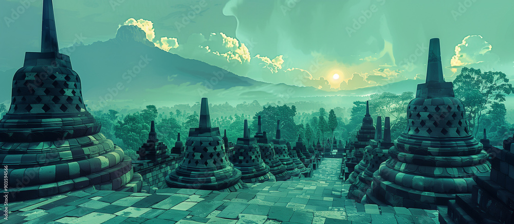 Borobudur Temple background painted in cartoon style, for banner design ...