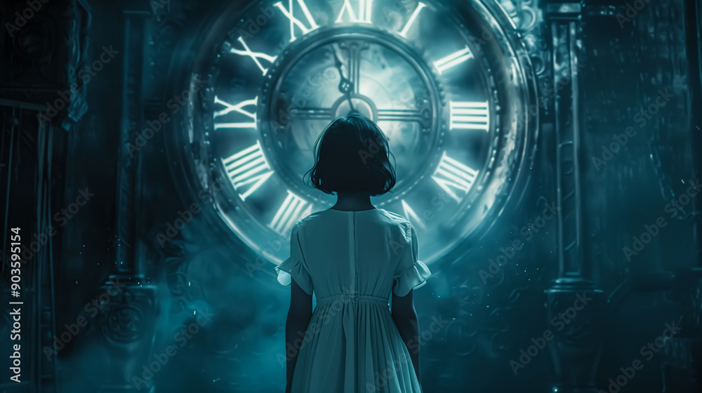 Surreal moment of a woman standing in front of clock. Watching destiny ...