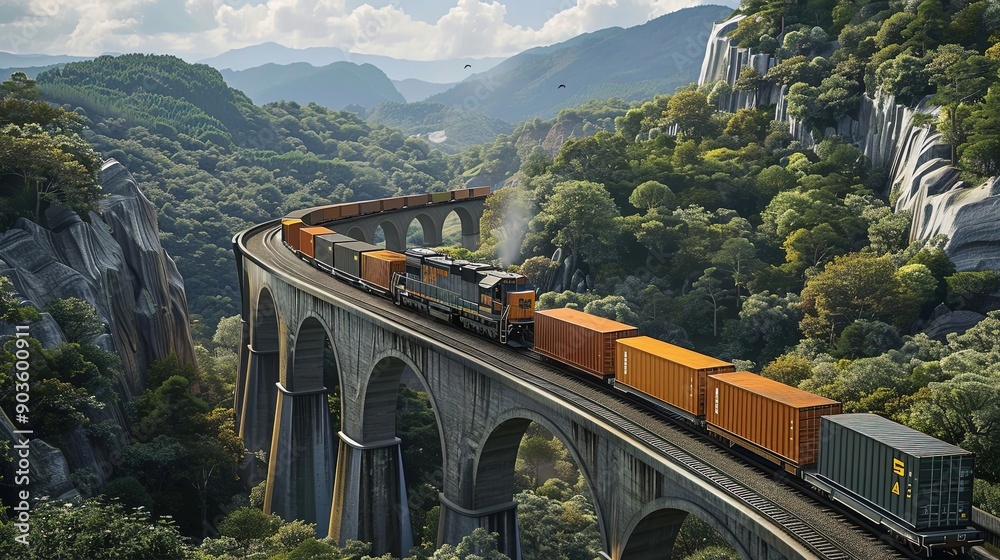 Cargo train crossing a high bridge in a mountainous landscape. Freight ...