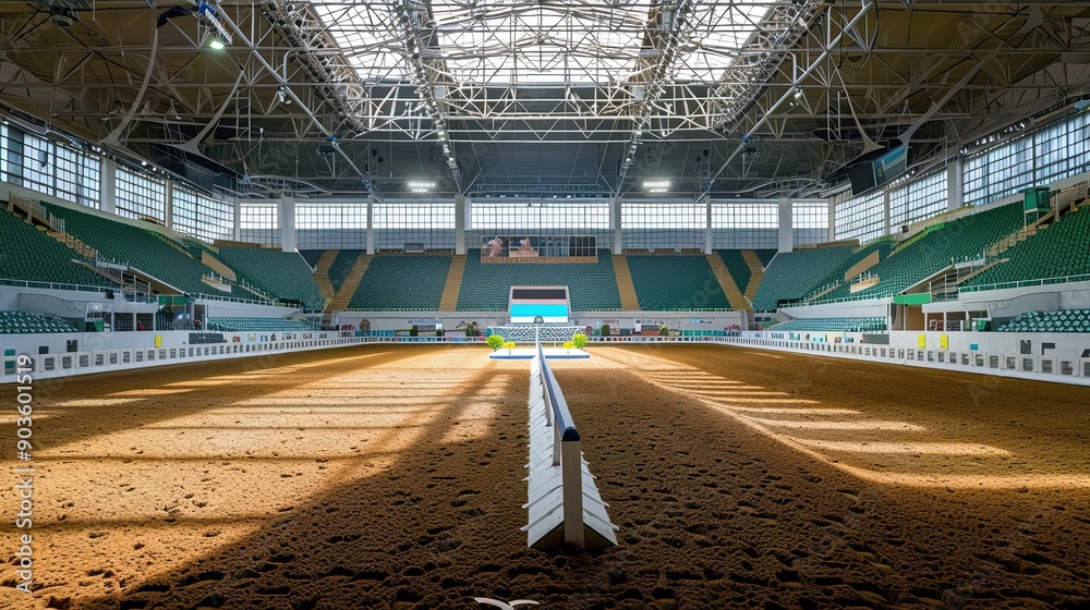 Empty equestrian arena with a sandy surface, white fences, and stadium ...