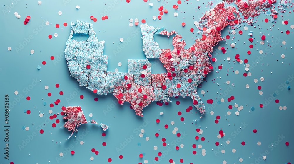 Red, white, and blue confetti falling over a simple USA map outline, perfect for copy space ...