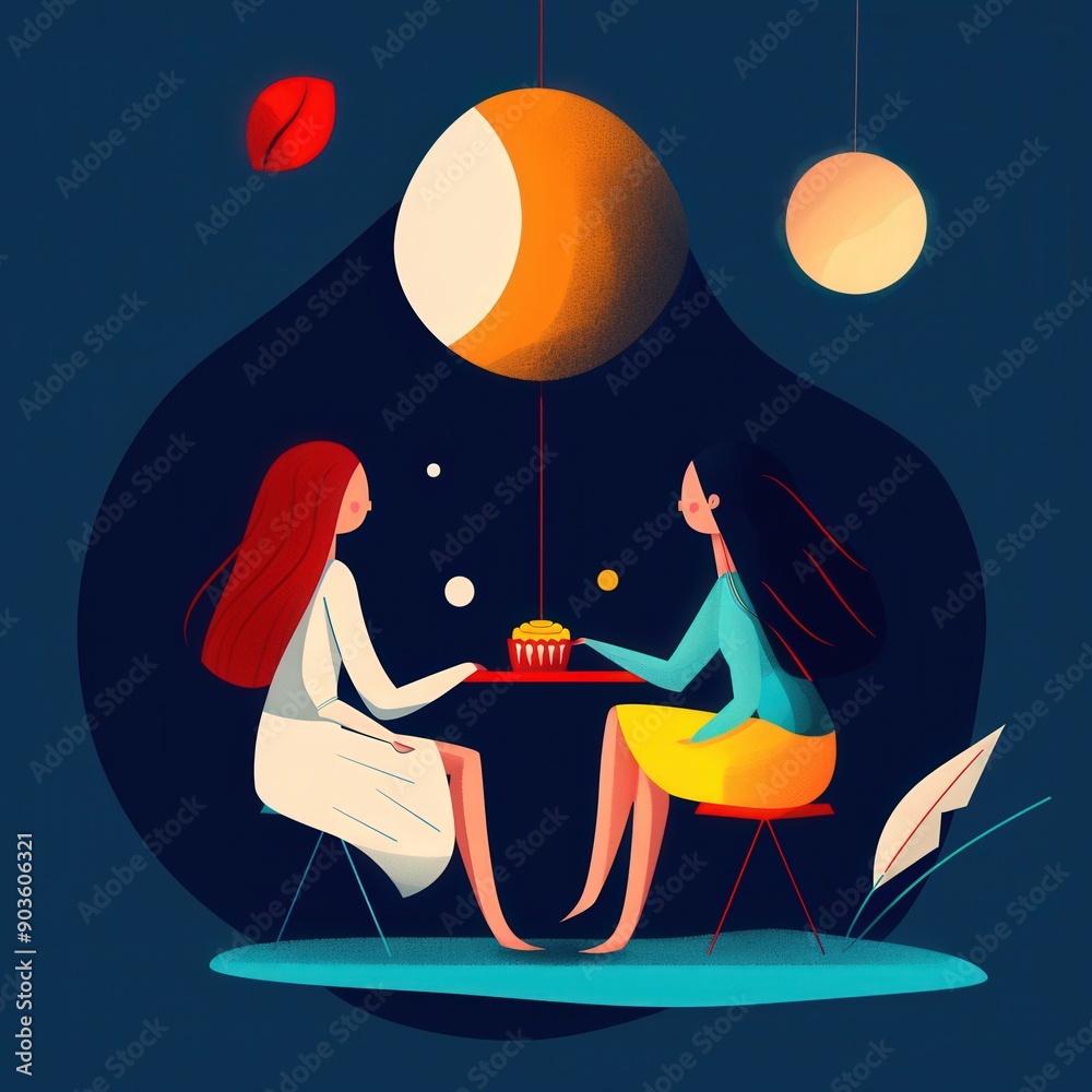 Mid-Autumn Festival friends sharing mooncakes flat design illustration ...