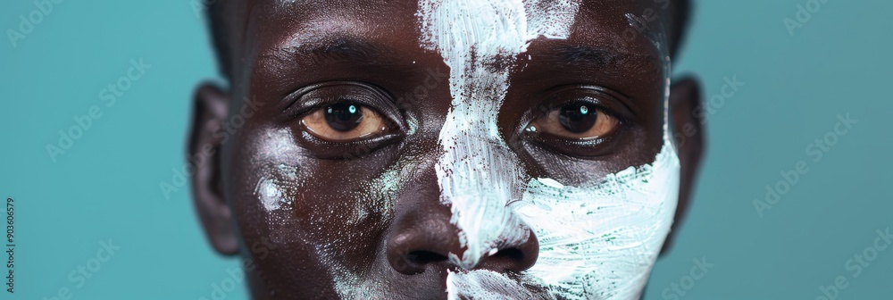 A young man with dark skin stares directly at the camera, half of his ...