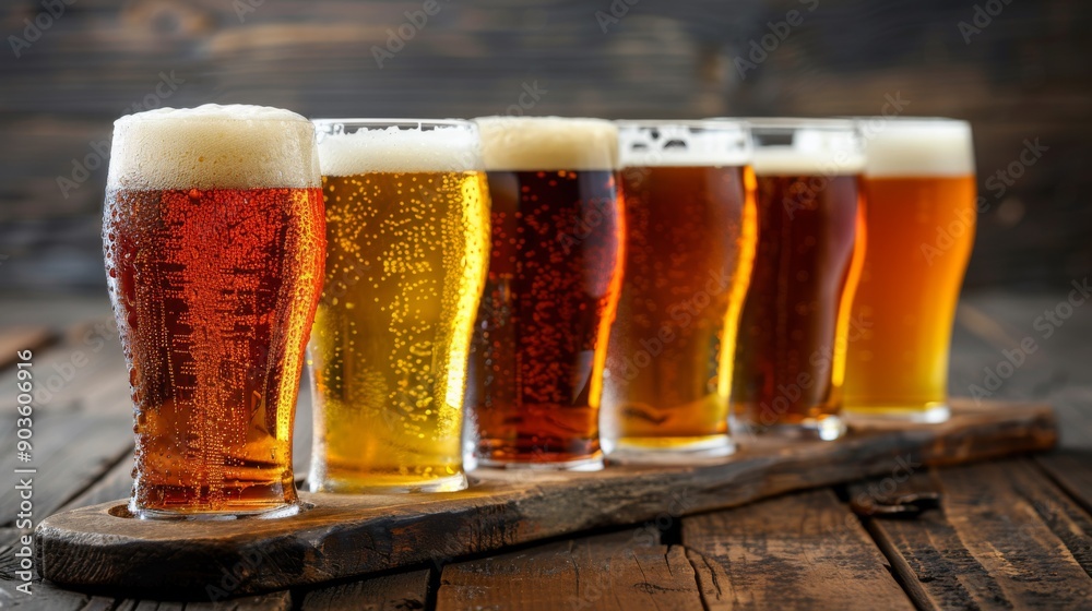 Beer Flight: A flight of various draft beers in glasses arranged on a ...