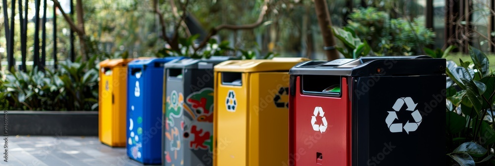 Five recycling bins in various colors are lined up on a walkway in a ...