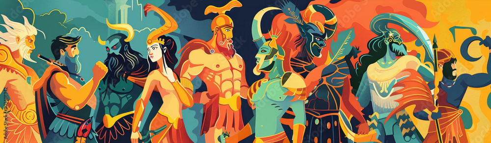 This illustration portrays a diverse group of gods and goddesses with ...
