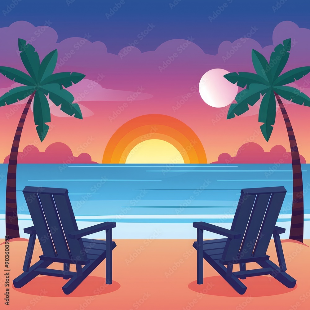 Sunset beach illustration with two chairs and palm trees, perfect for ...