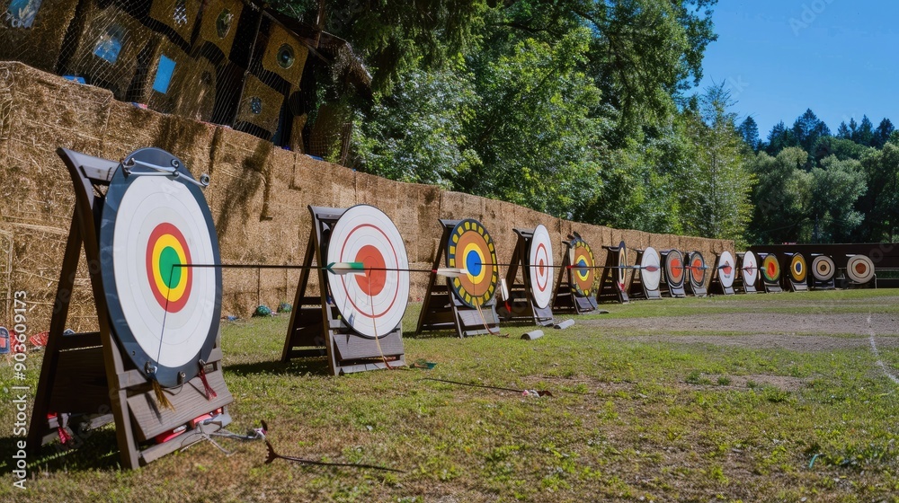 Archery range with meticulously aligned targets and arrows, bows and ...