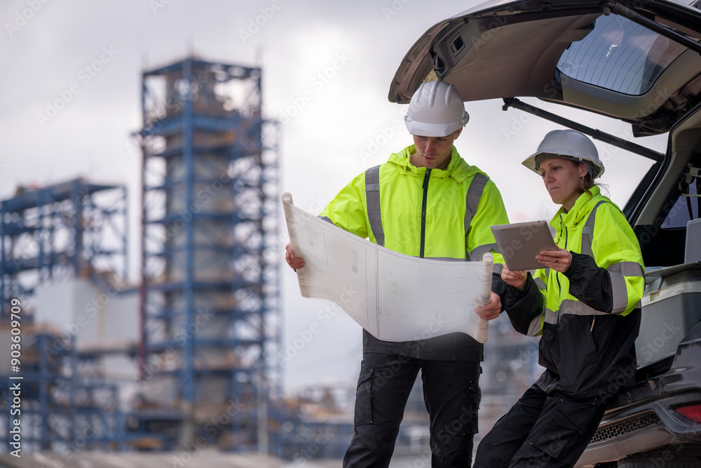 Engineers wear uniform and helmet stayed behind car hand holding ...