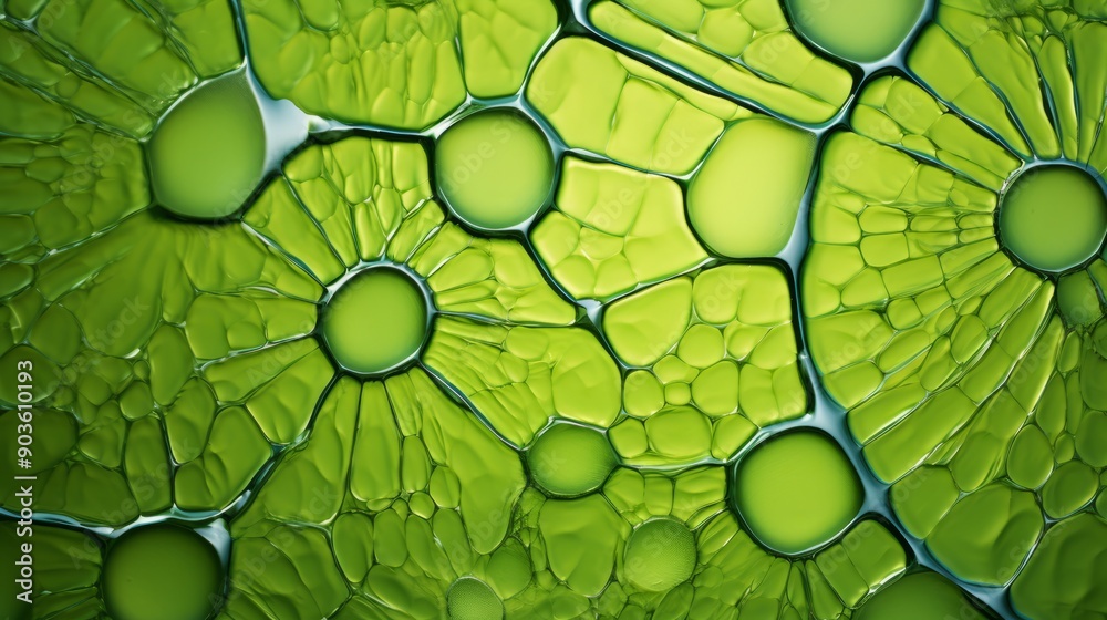 Close-up of vibrant green plant cells under microscope, detailed ...