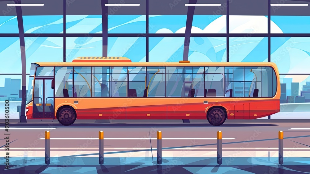 Airport shuttle bus parked near terminal with airplane in background at ...