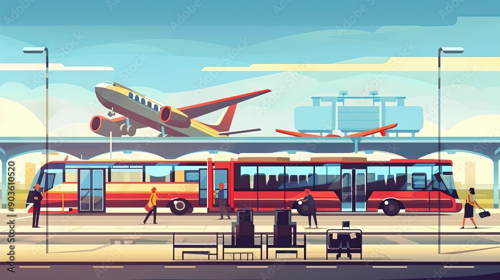 Airport shuttle bus parked near terminal with airplane in background at ...