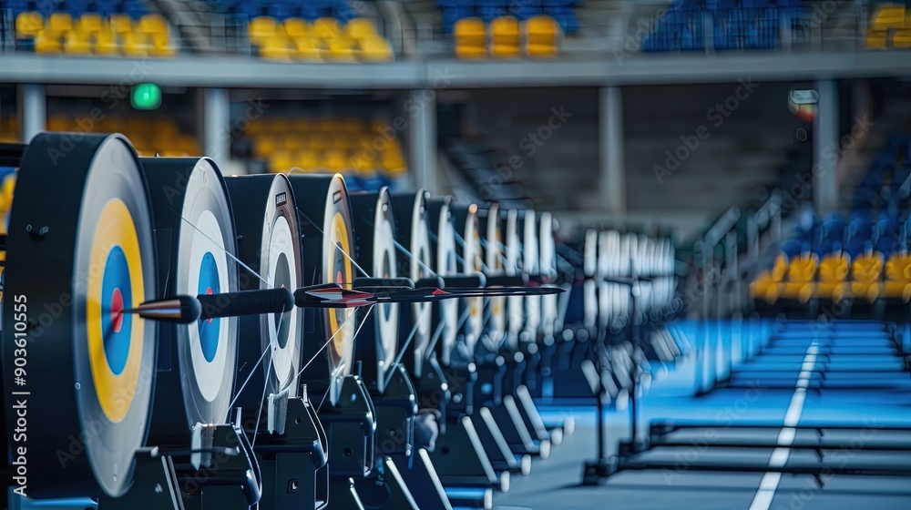 Row of archery targets in an indoor sports arena with empty seating ...