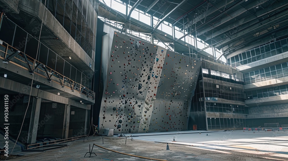 Large climbing wall setup in an empty stadium. Outdoor rock climbing ...