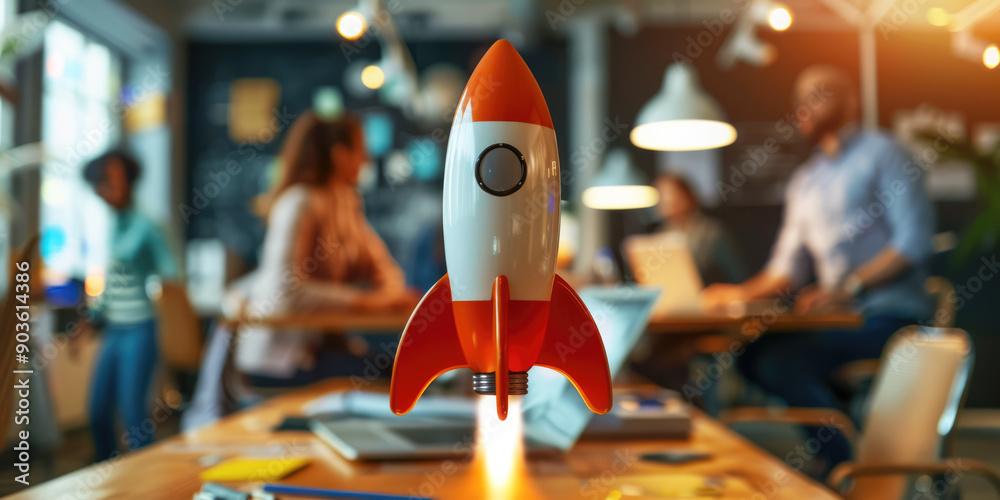 rocket launch in office background banner, concept of fast business ...