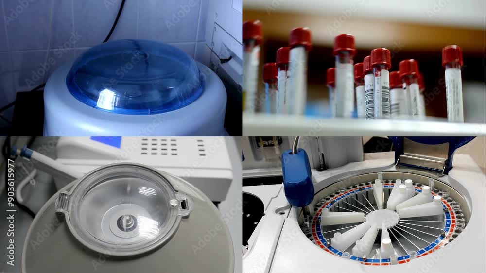 Centrifuge machine spins vials. set of laboratory centrifuging ...