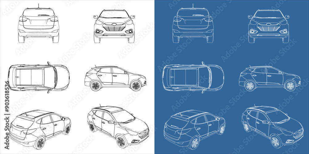 vector hatchback car line art draw blueprint wireframe from all view ...