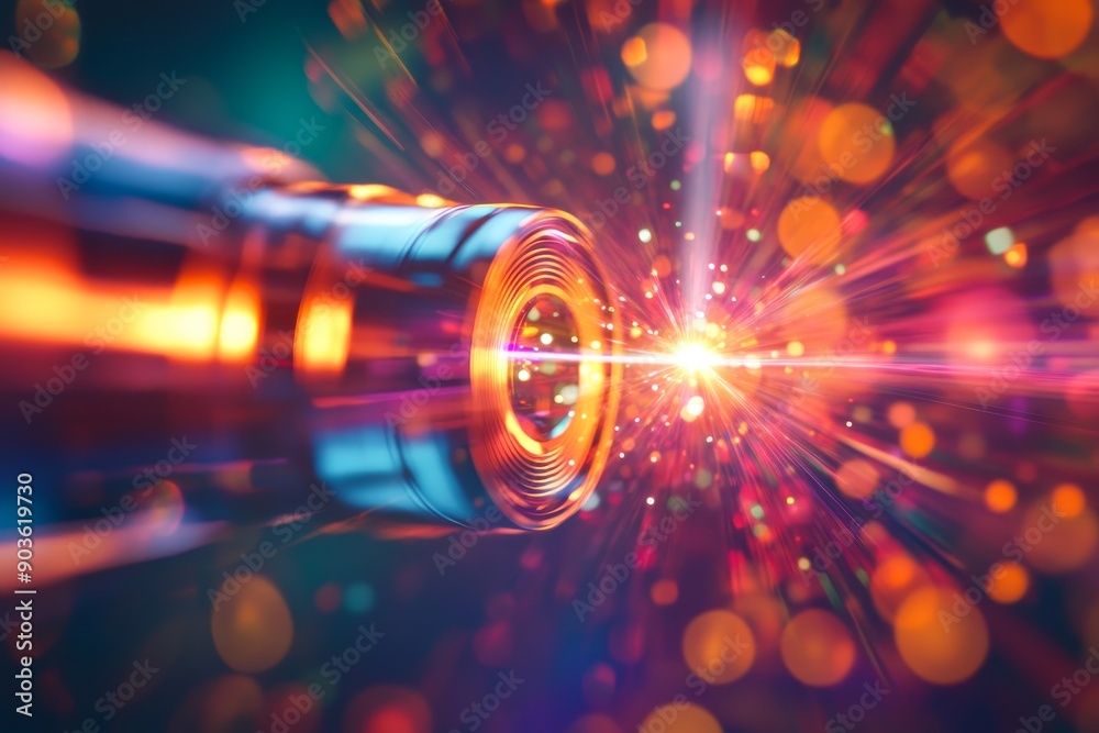 Macro shot of entangled photons being emitted from a laser, with ...