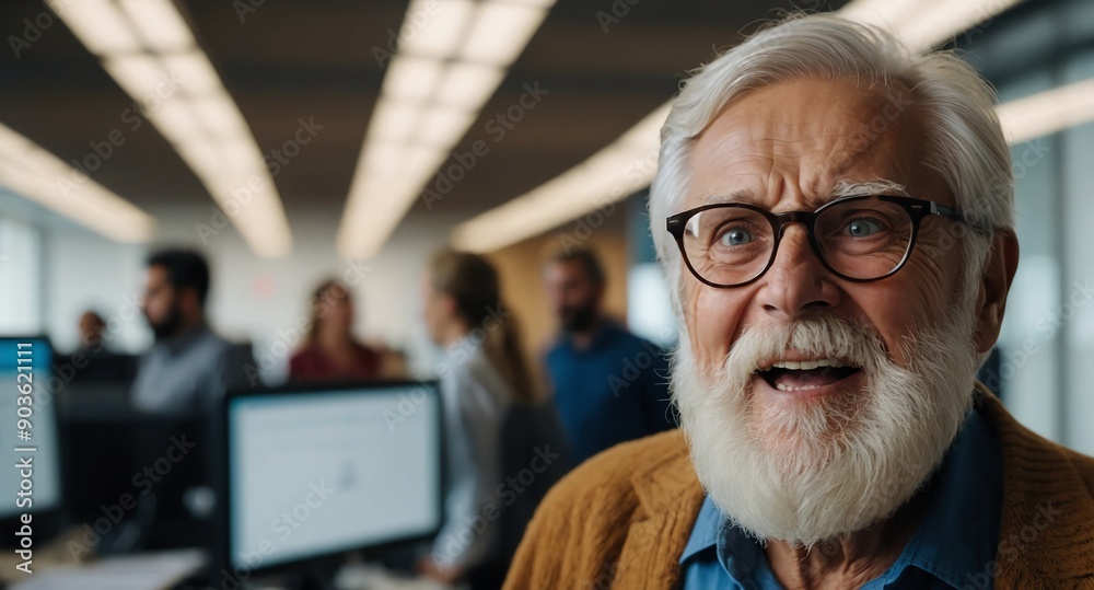 elderly bearded guy in office background looking happy amazed surpised ...