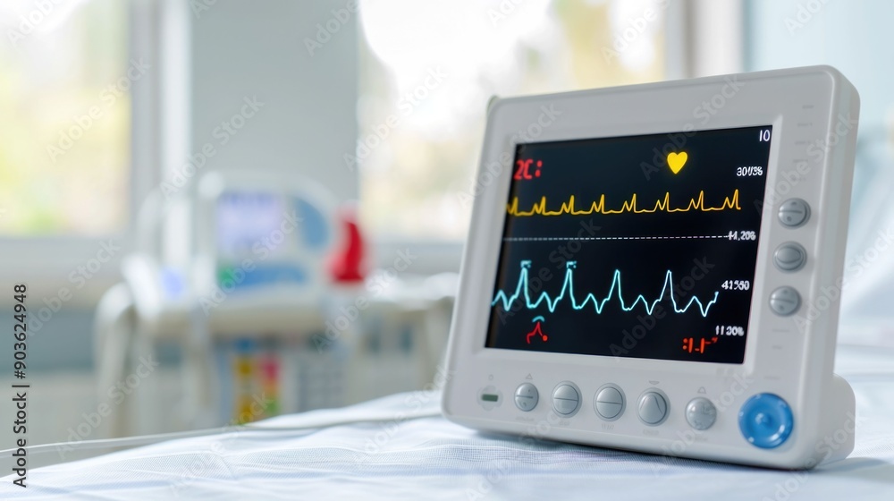 Closeup of a newborn baby heartbeat monitor displaying vital signs data ...