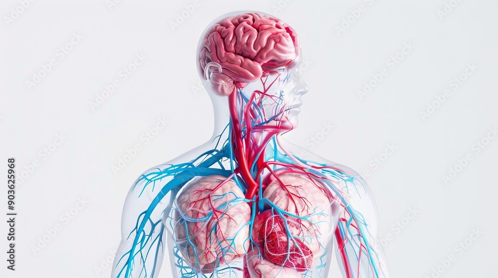 Human body with highlighted circulatory system on solid white ...