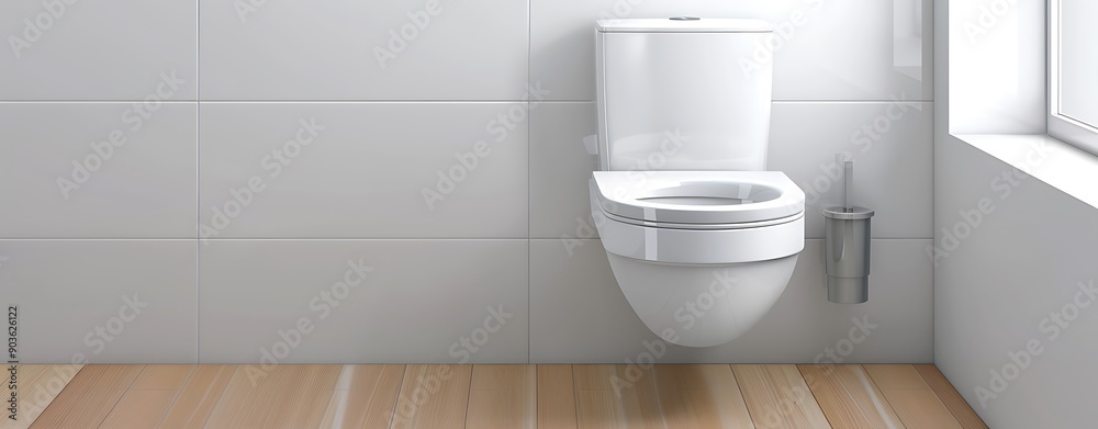 Realistic 4K semi close-up of a clean, modern toilet in a public ...
