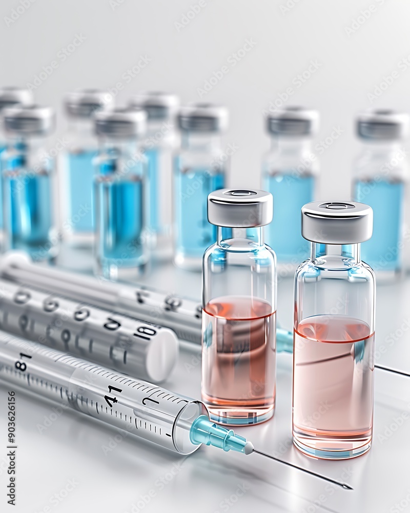 Realistic 4K close-up of insulin vials and syringes arranged neatly for ...
