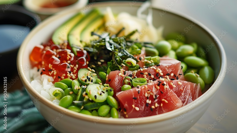 Fresh and colorful poke bowl with ahi tuna, sushi rice, avocado ...