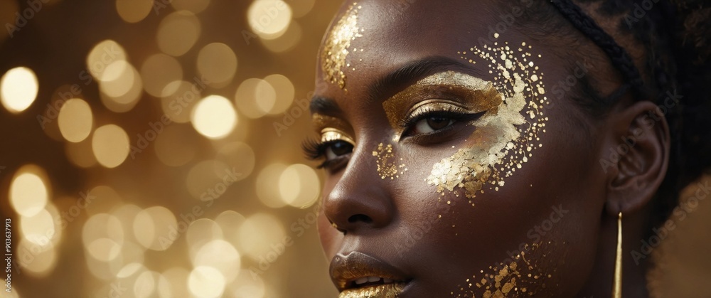 Beautiful african woman with natural make-up with gold sparkles on her ...
