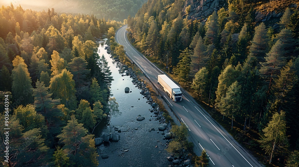 Eco-friendly logistics scene with a white truck on a road in nature ...
