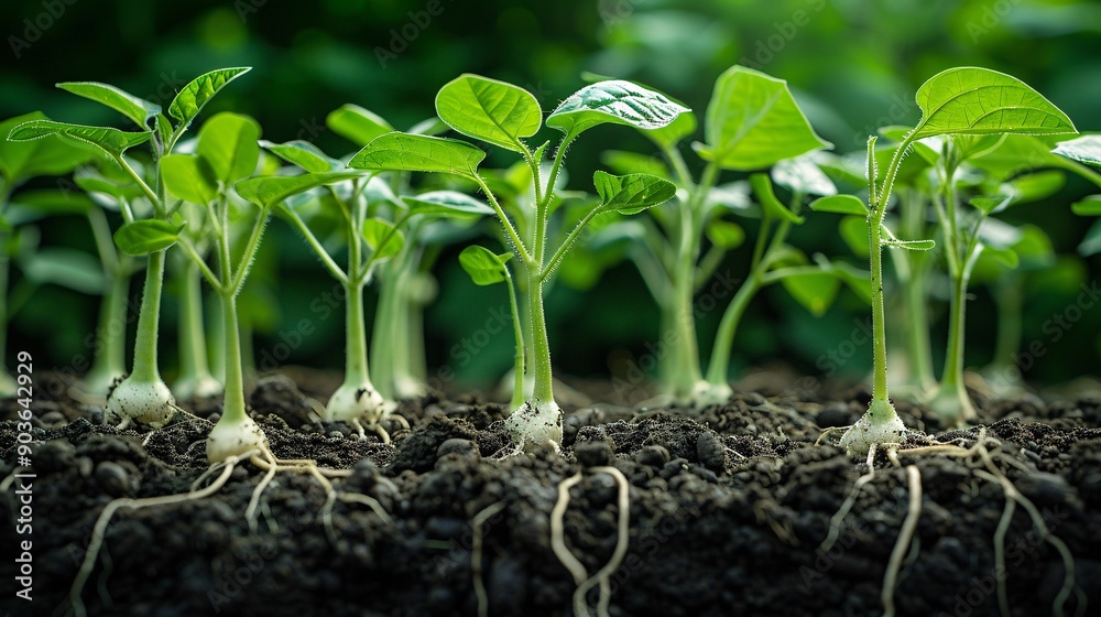 Green soybean plant roots thriving in soil, showcasing the connection ...
